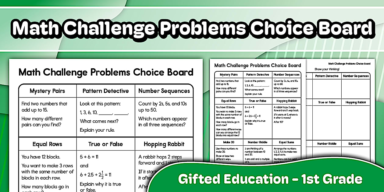 Math Challenge Problems Choice Board for Gifted Education