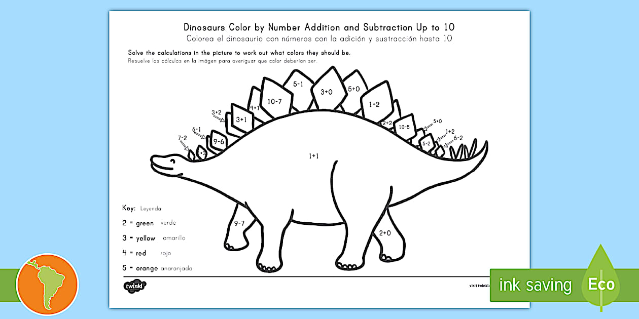 Dinosaurs Color by Number Addition and Subtraction Up to 10 - English ...