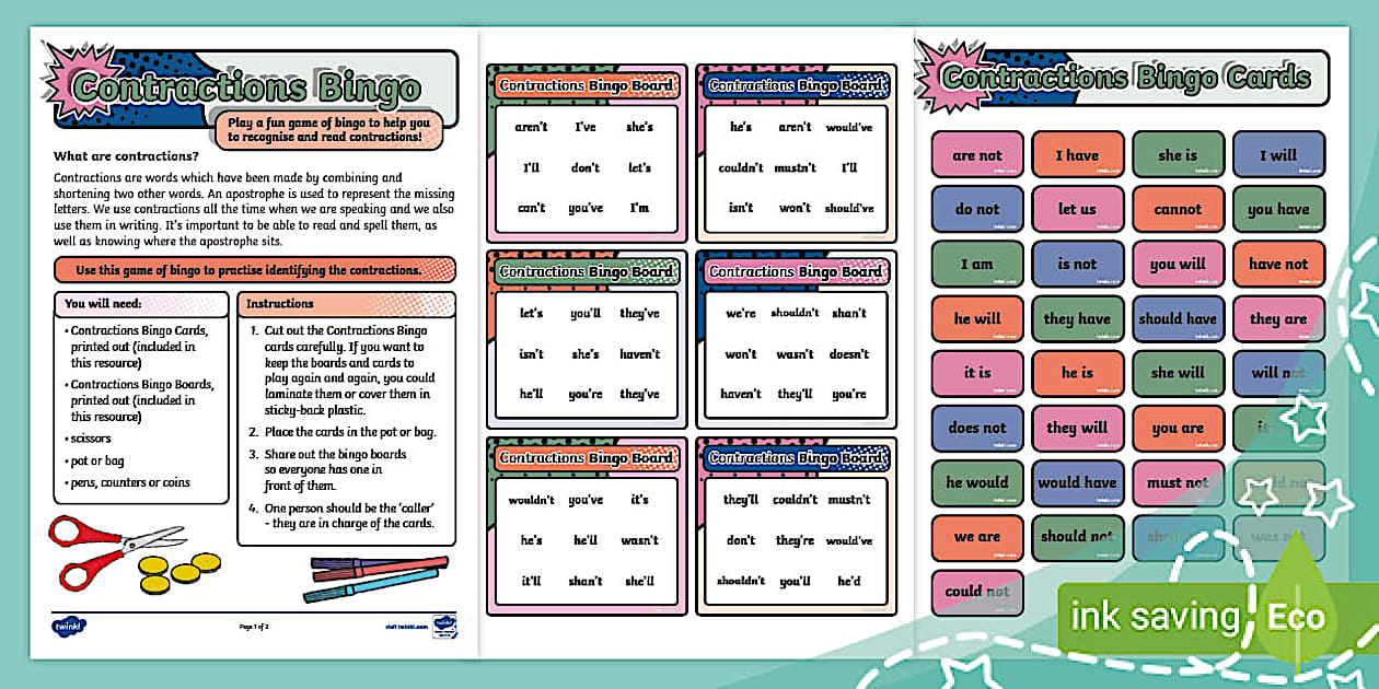 Contractions Bingo Game (Ages 5 - 7) (teacher made) - Twinkl