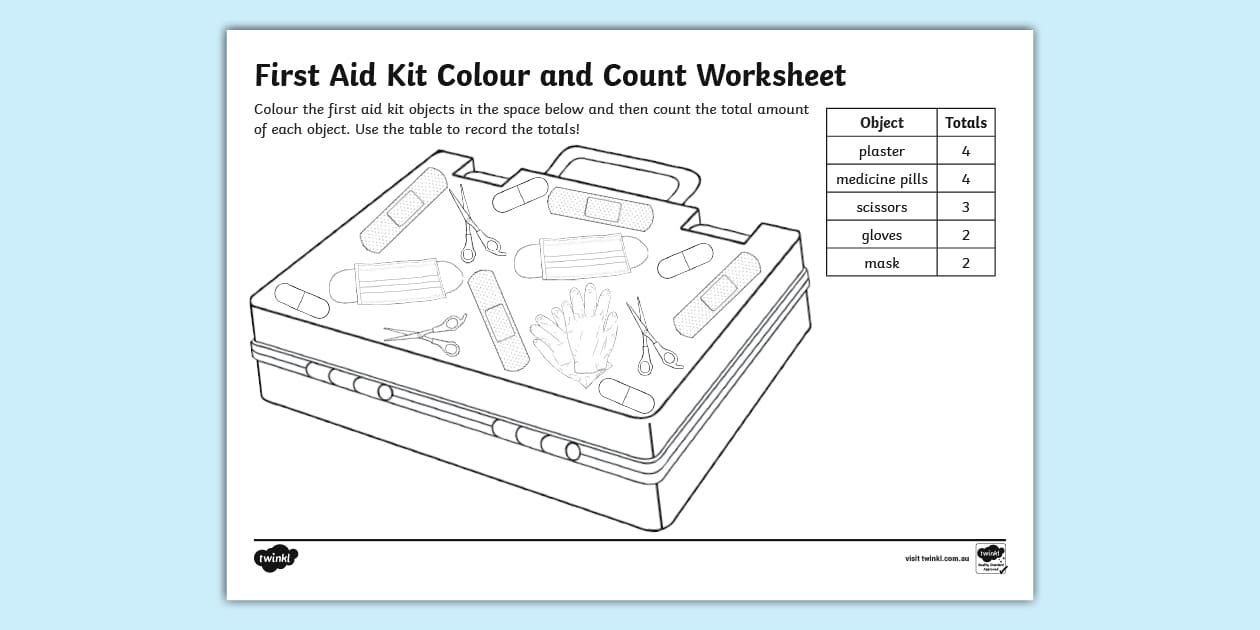 First Aid Kit Colour and Count Worksheet (teacher made)