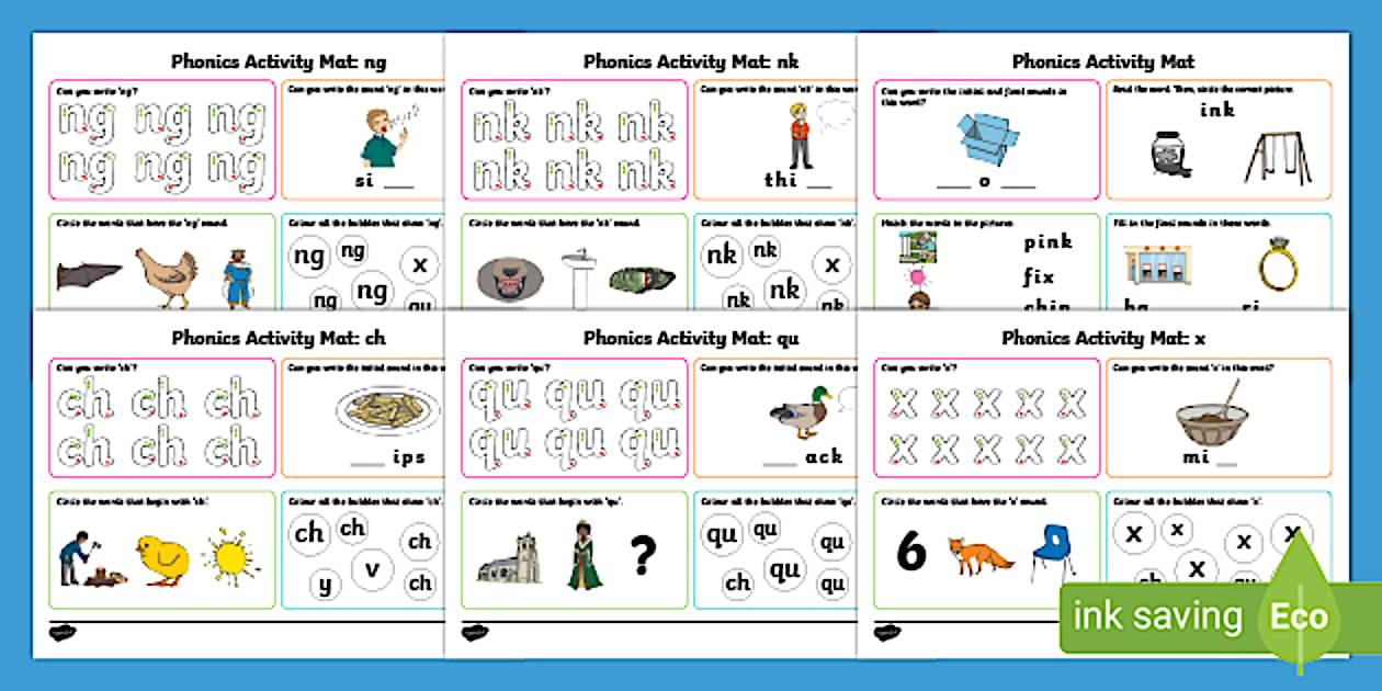 Kindergarten ch, qu, x, ng, nk Phonics Activity Mats
