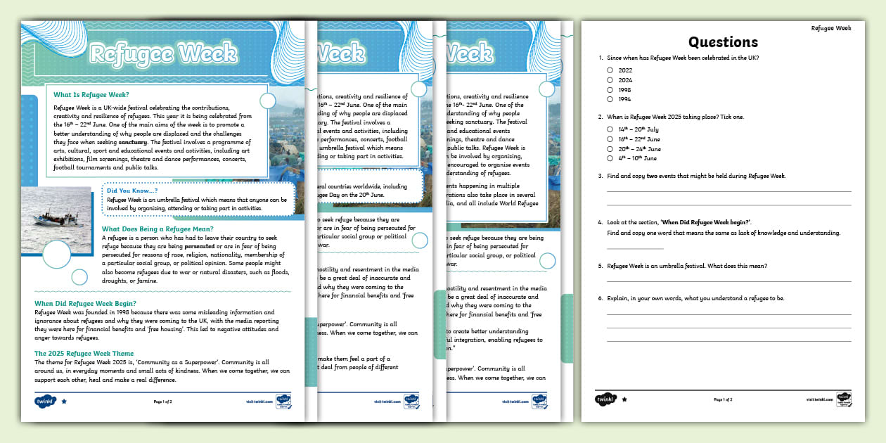 UKS2 Refugee Week Differentiated Reading Comprehension Activity