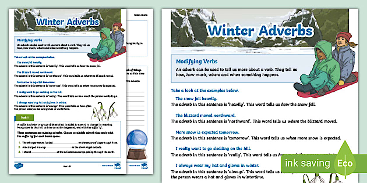 Winter Adverbs Activity Sheets (teacher made) - Twinkl