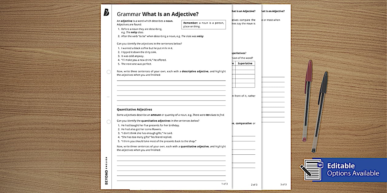 What Is an Adjective? Worksheet | KS3 SPaG Lessons | Beyond English
