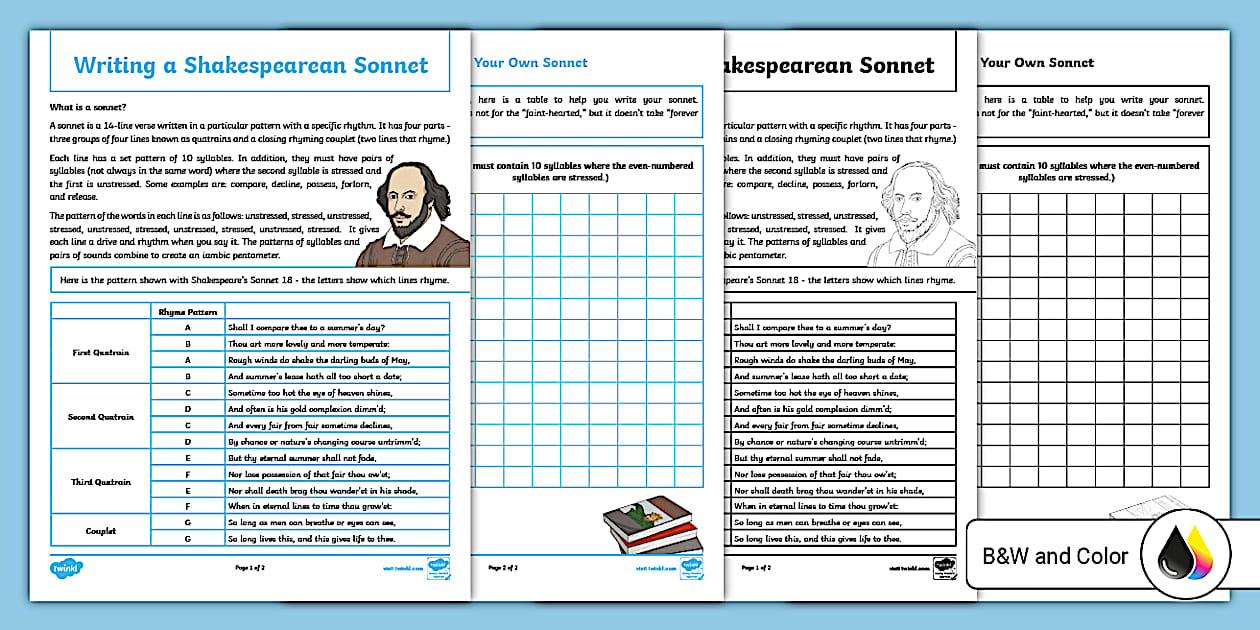 Writing a Shakespearean Sonnet Worksheet for 3rd-5th Grade