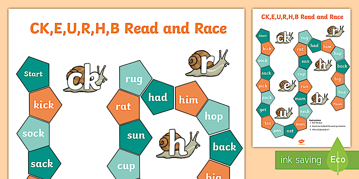 Editable CK,E,U,R,H,B Phonics Read and Race Game - Twinkl