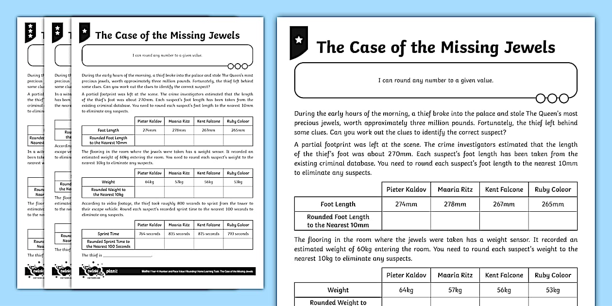 Year 4 Rounding 'The Case of the Missing Jewels' Maths Differentiated