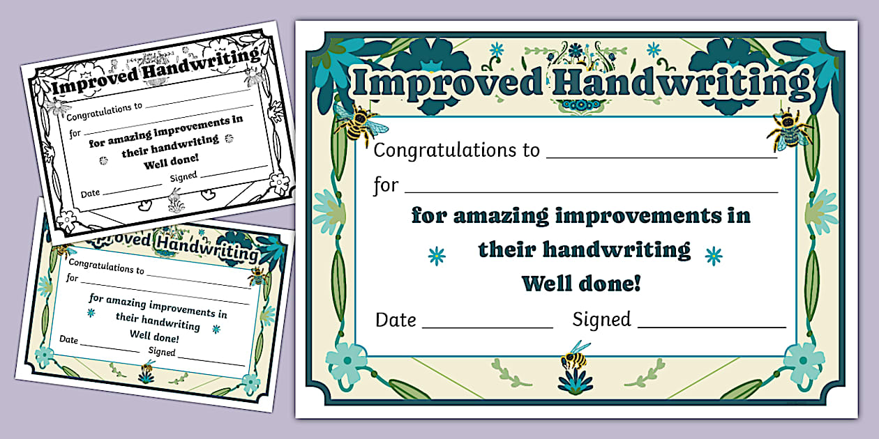 Bee-Themed Improved Handwriting Certificate (teacher made)