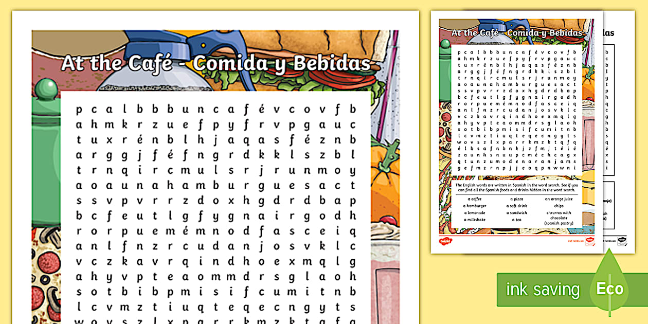 At the Cafe Bebidas y Comidas | English/Spanish Word Search