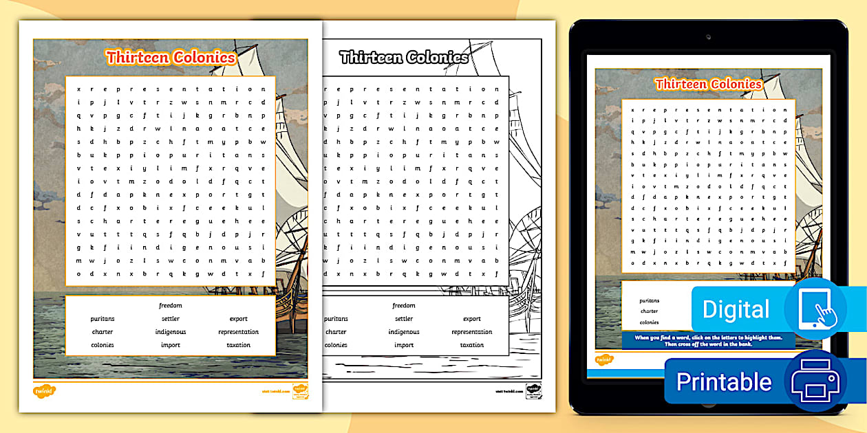 Thirteen Colonies Word Search for 3rd-5th Grade - Twinkl