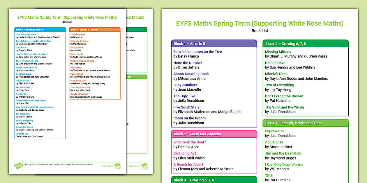 EYFS Reception Maths Spring Book List Supporting White Rose