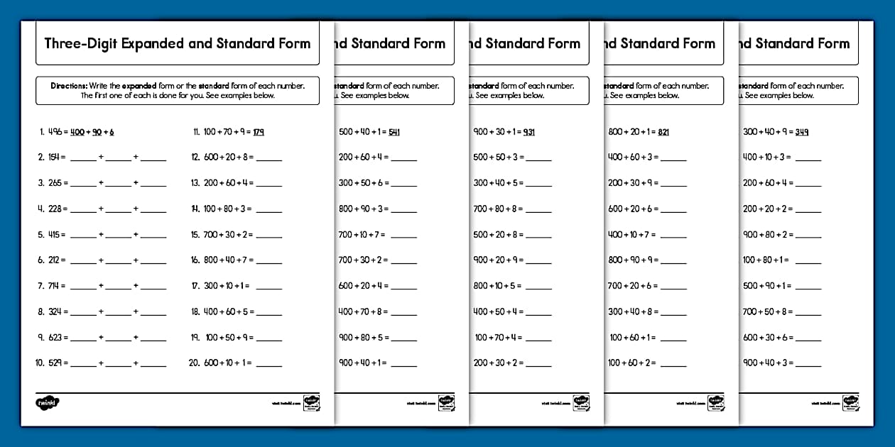 Second Grade Three-Digit Expanded and Standard Form Worksheet