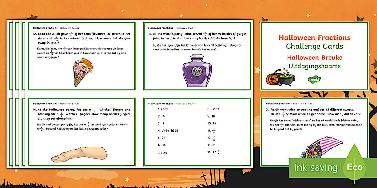 Halloween Fractions Challenge Cards English/Afrikaans