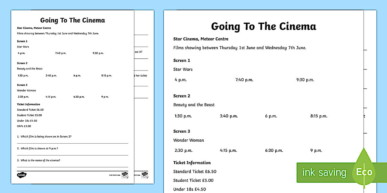 Functional Skills: English Level 1 - Going to the Cinema Activity