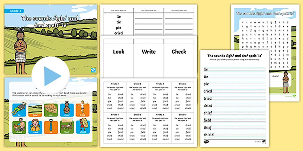 Grade 3 Phonics -igh sound spelt 'ee' or 'ie' Spelling Pack