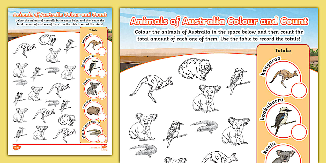 Animals of Australia Colour and Count Worksheet - Twinkl