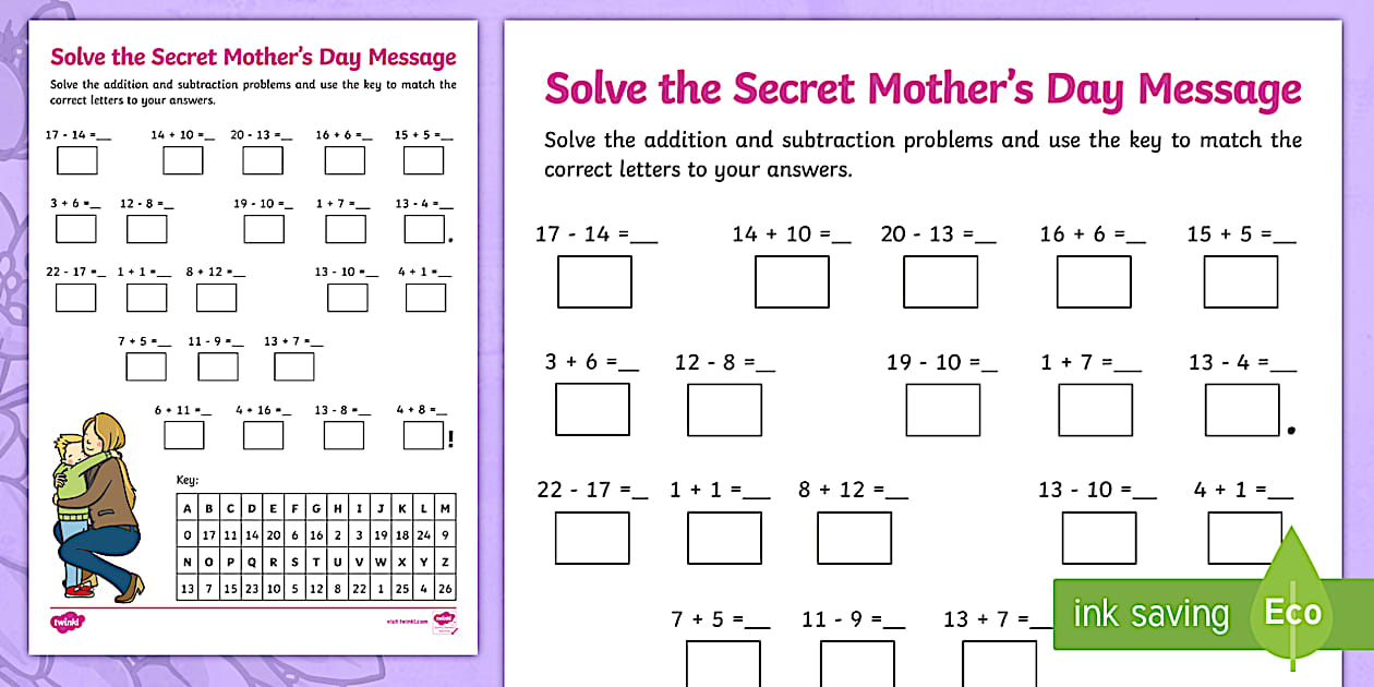 Mother's Day Addition and Subtraction Secret Message Worksheet / Worksheet
