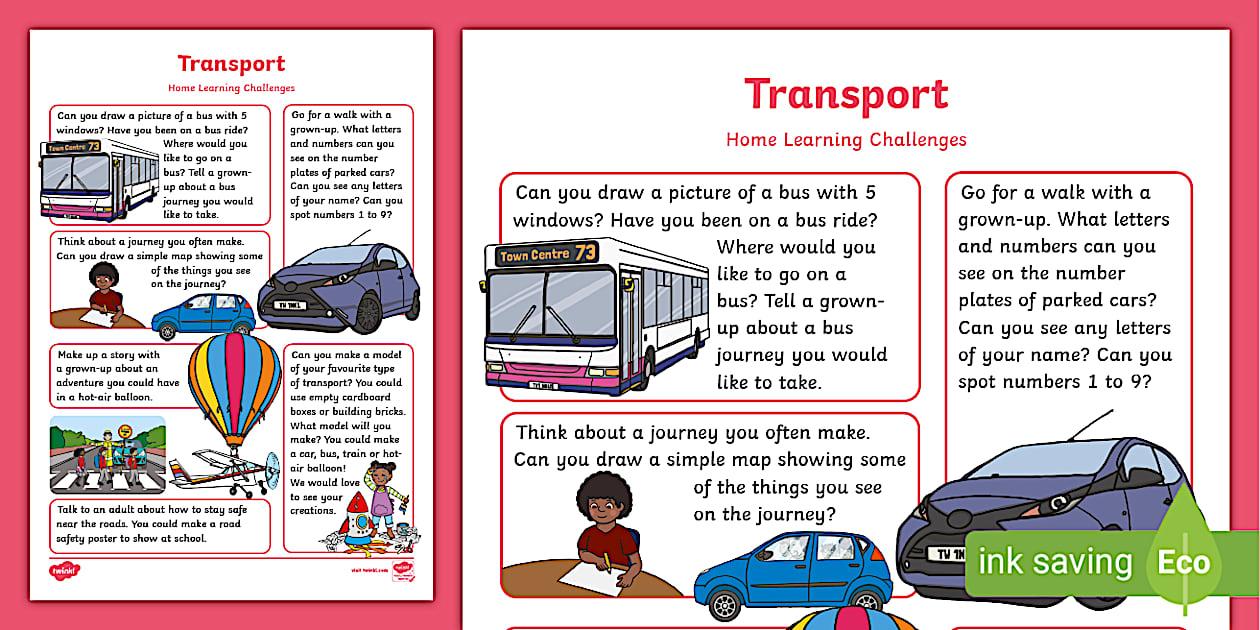 Black and White Transport-Themed Home Learning Challenges Reception FS2