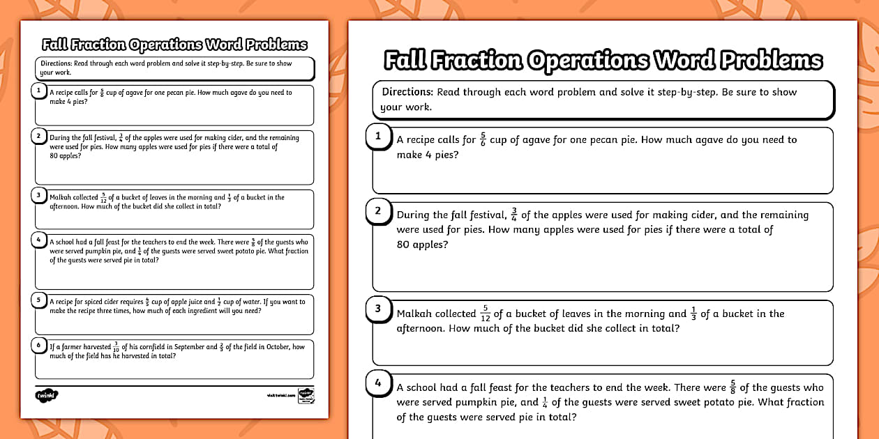 Seventh Grade Fall Fraction Operations Word Problems