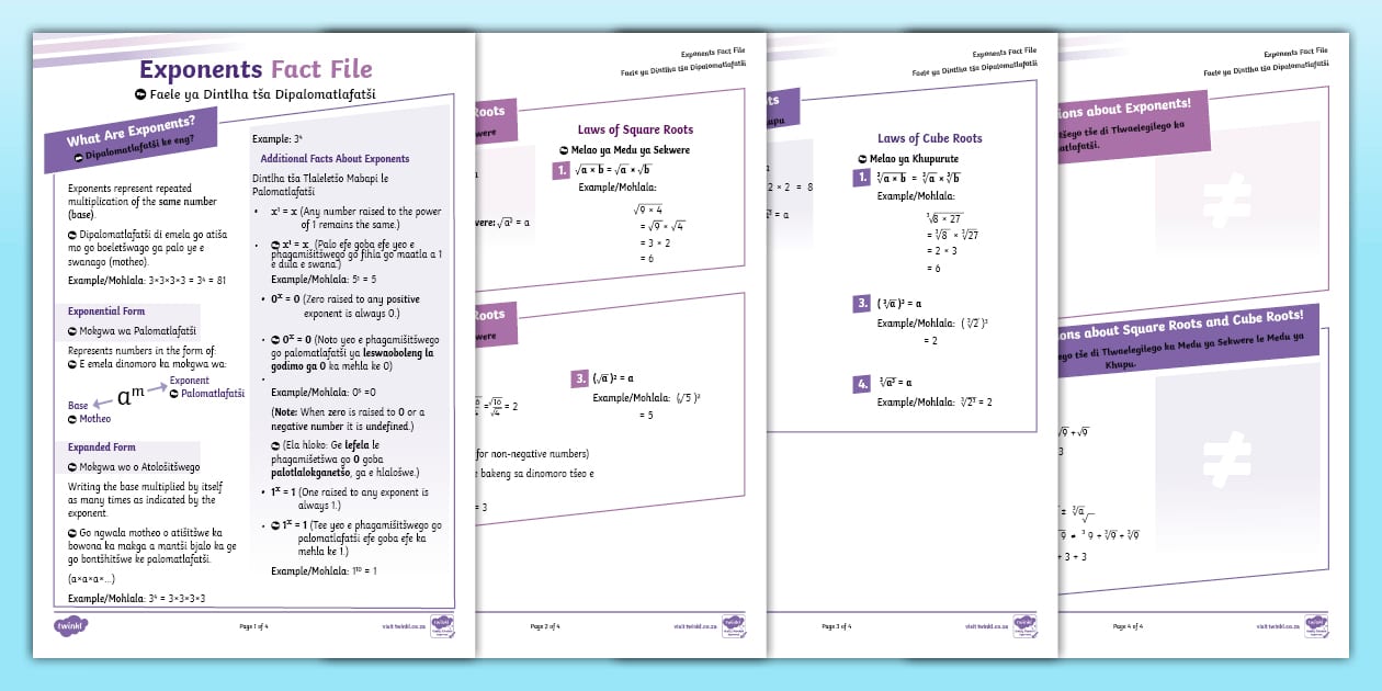 Grade 7 Exponents Fact File - Sepedi (teacher made) - Twinkl