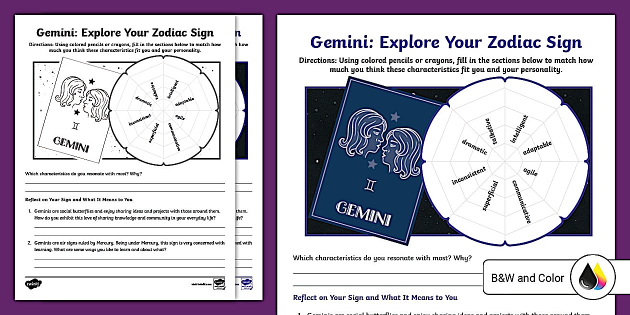 Gemini: Explore Your Zodiac Sign Worksheet for 3rd-5th Grade