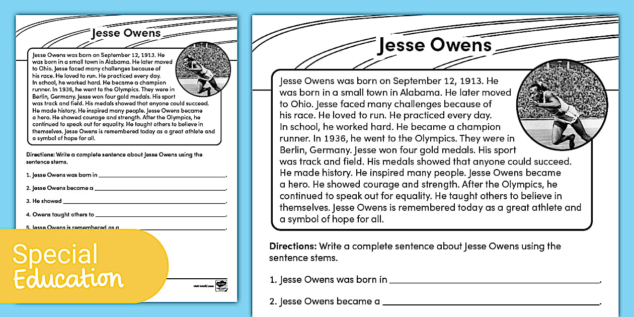 Jesse Owens Writing Worksheet With Sentence Stems for SPED