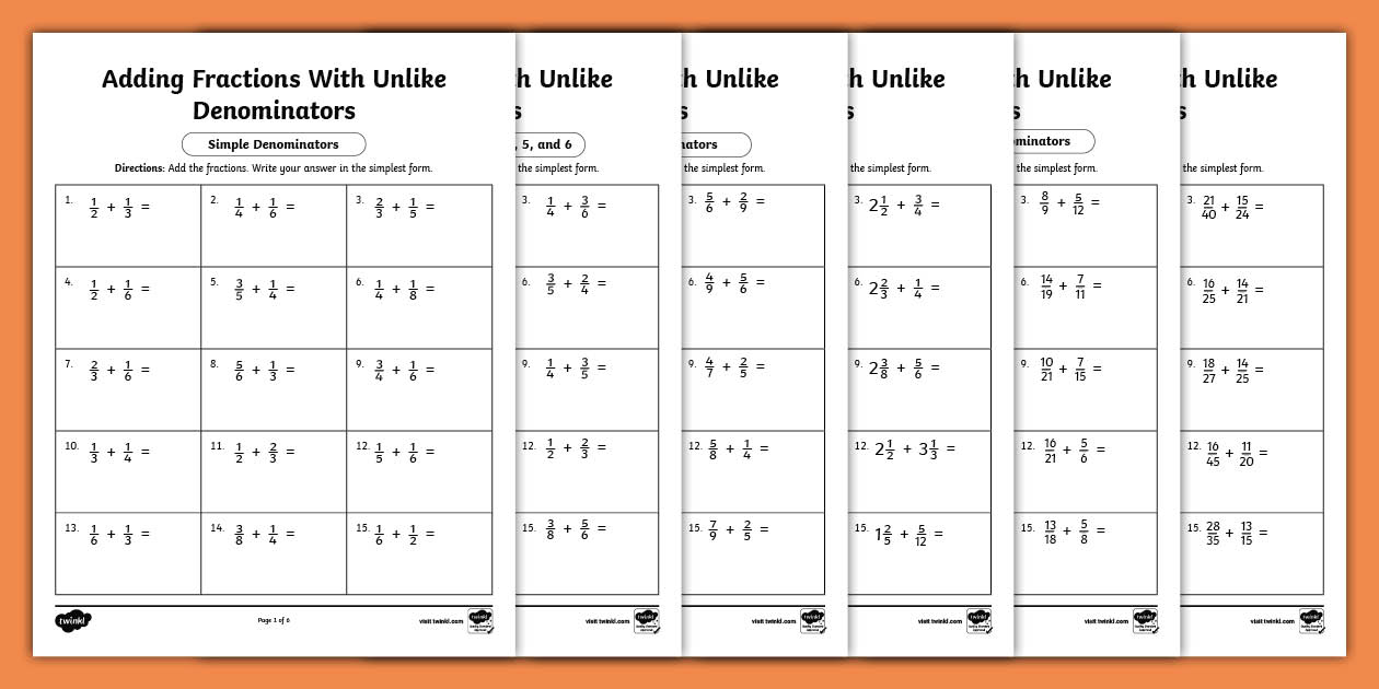 Adding Fractions with Unlike Denominators PDF Grade 6