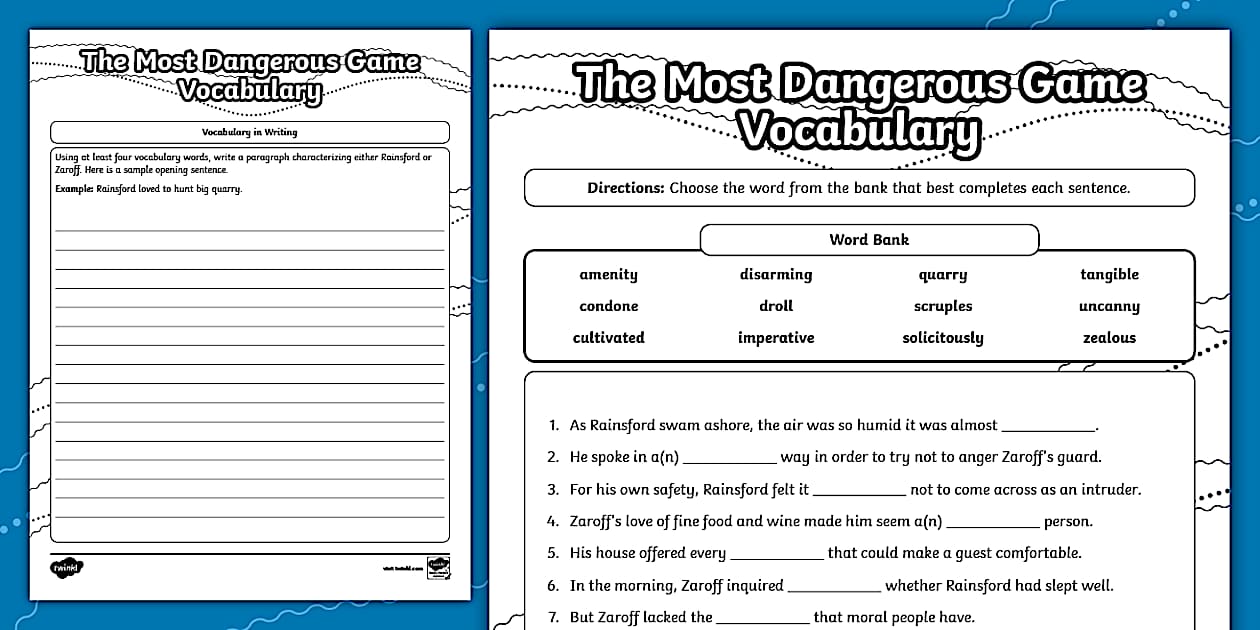 Seventh Grade The Most Dangerous Game Vocabulary Worksheet
