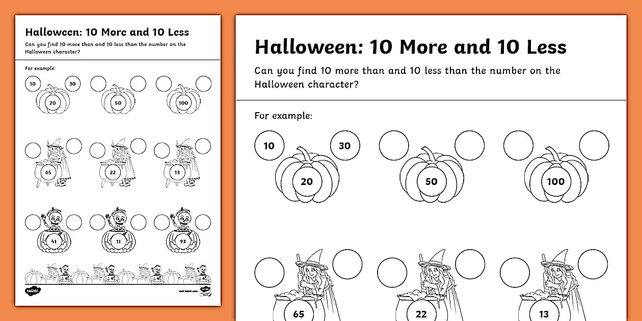 👉 Halloween-Themed 10 More and 10 Less Worksheet