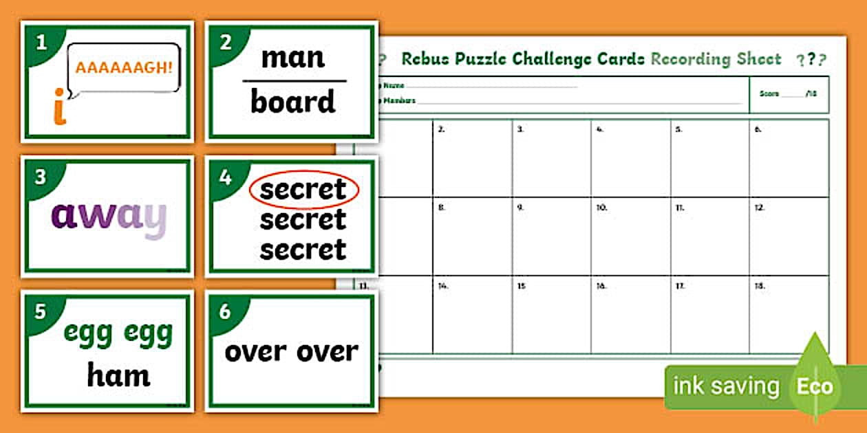 English Word Puzzles with Answers | Rebus Cards for Primary