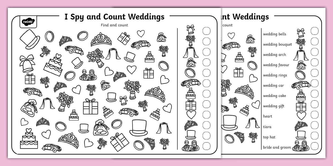 I Spy and Count Weddings Colouring Pages - Twinkl