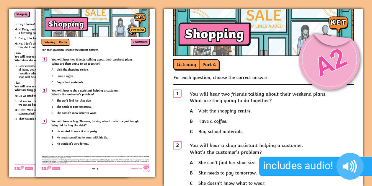 A2 Key (KET) Listening Part 4 Practice Sheet (Shopping)