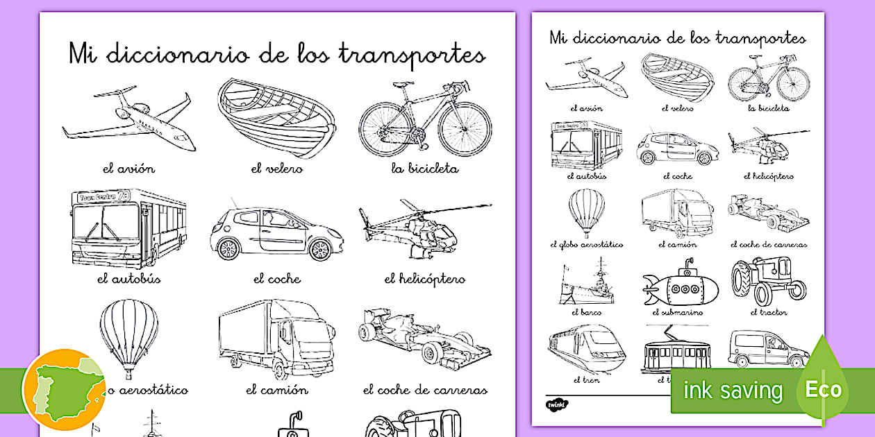 Hoja de colorear de vocabulario: El transporte - Twinkl