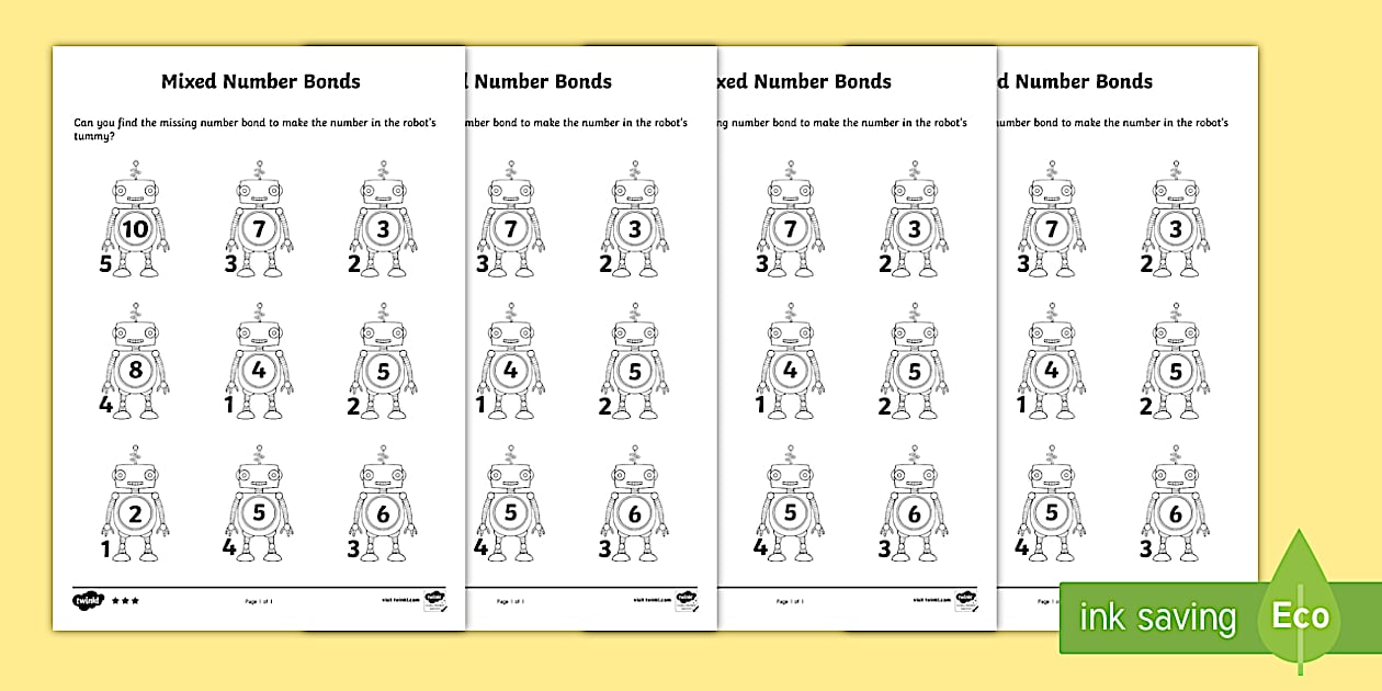 Editable Number Bonds within 10 on Robots Worksheet - Twinkl