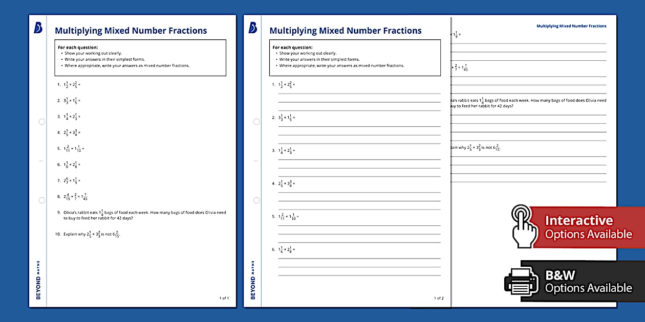 Multiplying Mixed Numbers Worksheet | Fractions | Beyond