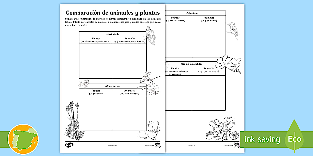 Ficha de actividad: Comparación entre animales y plantas