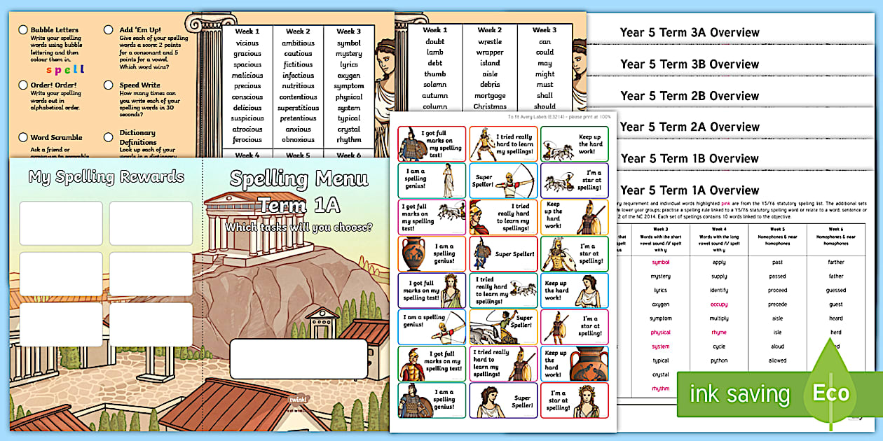 Editable Year 5 Ancient Greece Themed Spelling Menu Pack
