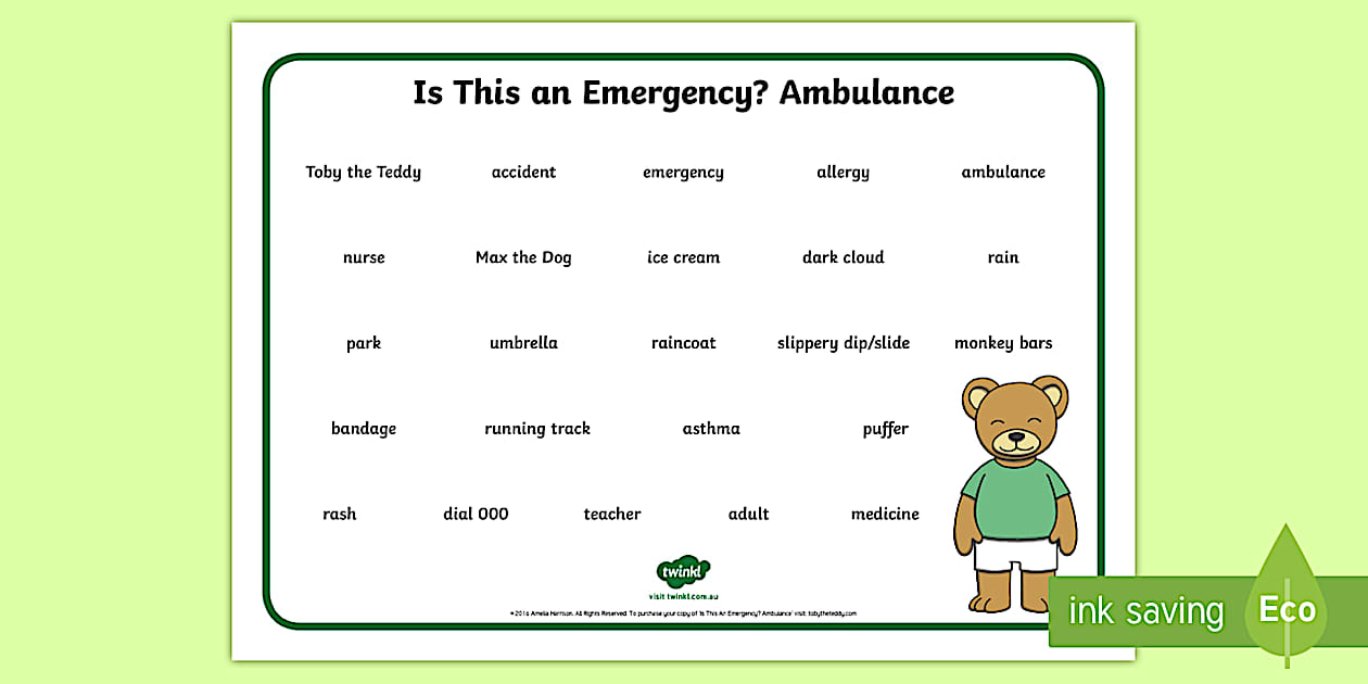 Word Mat to Support Teaching on Is This An Emergency? Ambulance