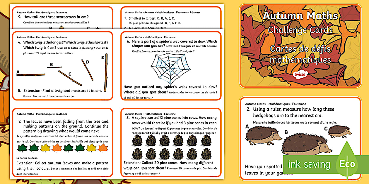 KS1 Autumn Maths Challenge Cards English/French - Twinkl