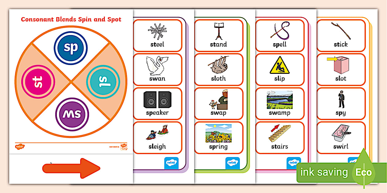 Consonant Blends sp, sl, sw, st Spinner Game