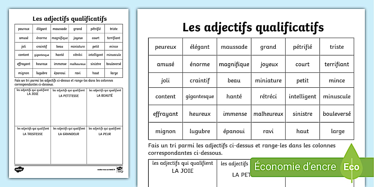 Activité de tri : Les adjectifs qualificatifs