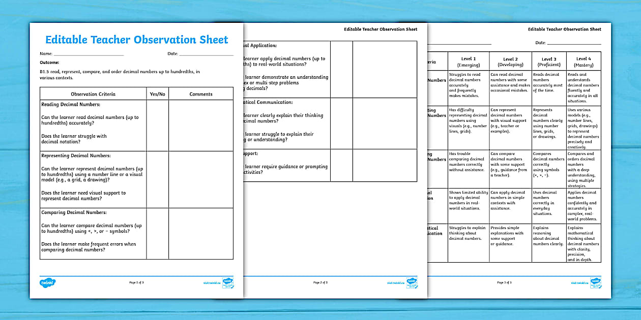 Decimal Numbers Editable Observation Sheet and Rubric