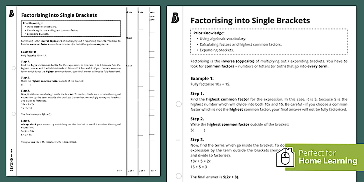 👉 Factorising Worksheet - Home Learning | Beyond - Twinkl