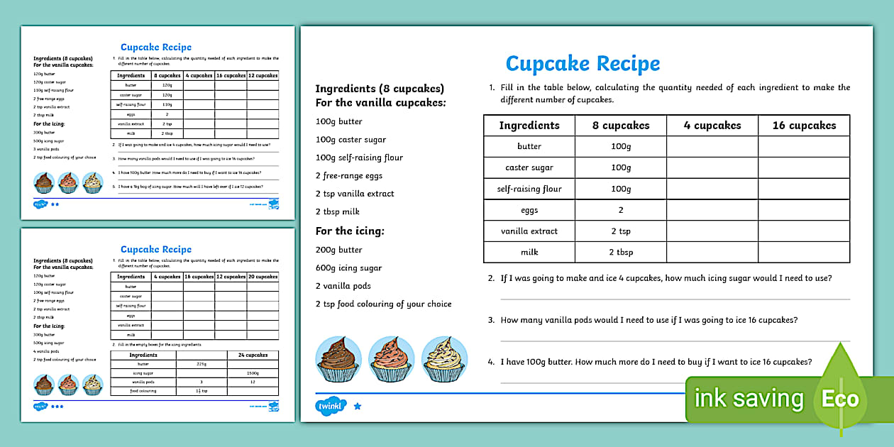 UKS2 Cupcake Recipe Worksheet (teacher made) - Twinkl