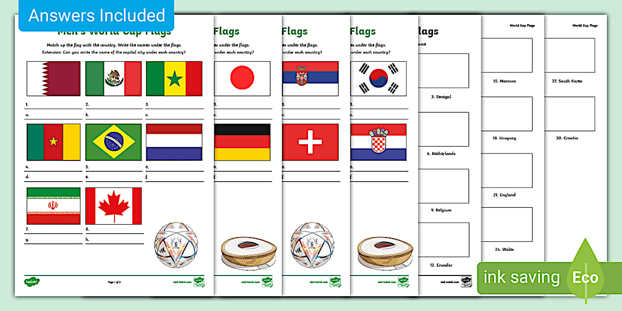 Men's World Cup Flags Worksheets - European Flag Worksheets