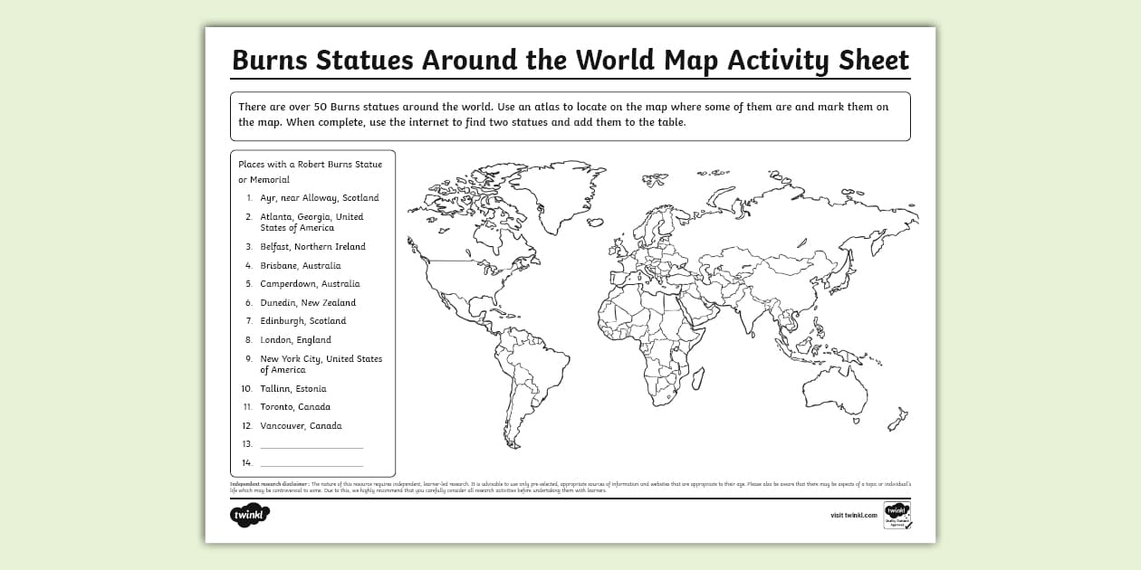 Burns Statues Around the World Map Activity Sheet - Twinkl