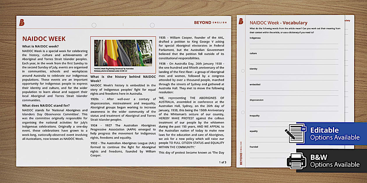 Year 7- Year 10 NAIDOC Week Reading Comprehension Sheet