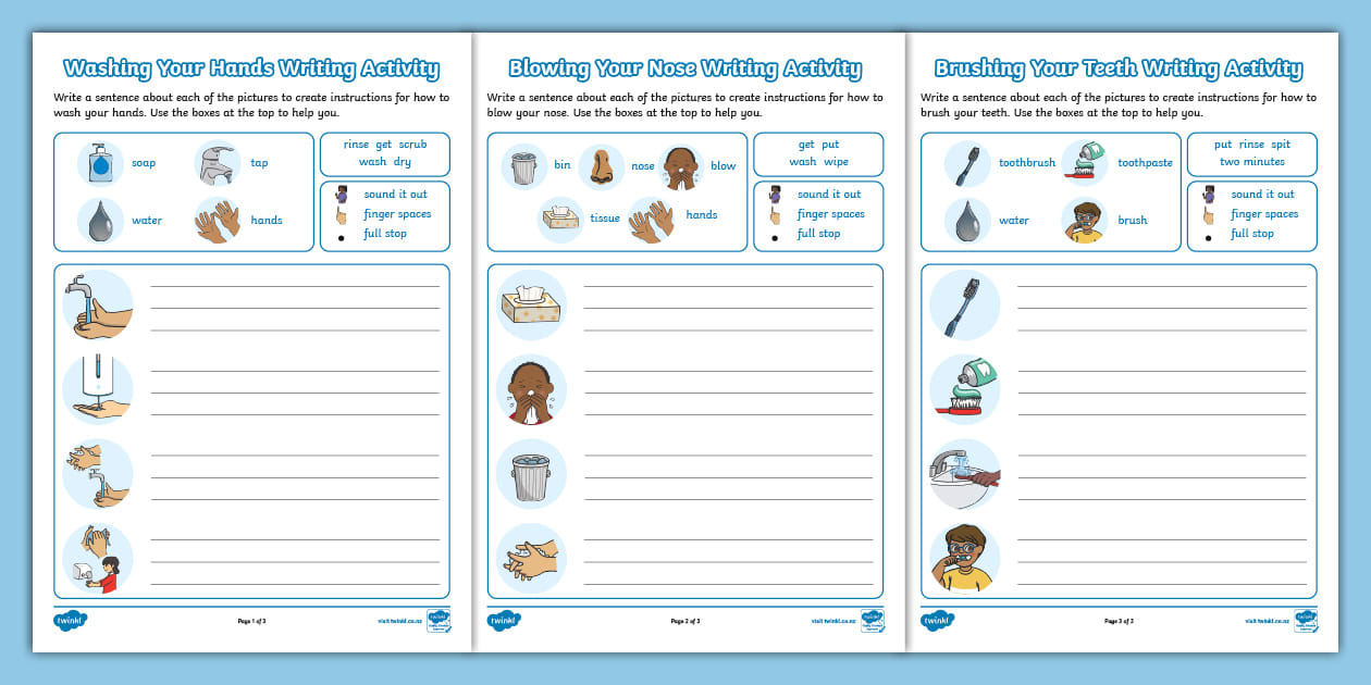 Personal Hygiene Hands, Nose and Teeth Writing Activity