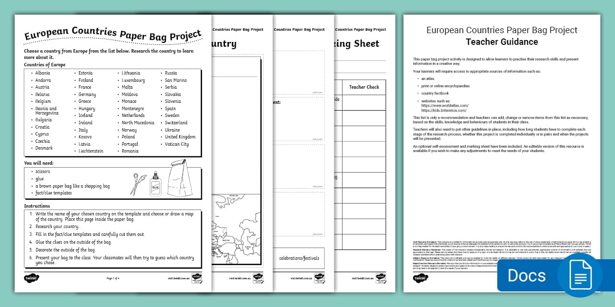 European Countries Paper Bag Project