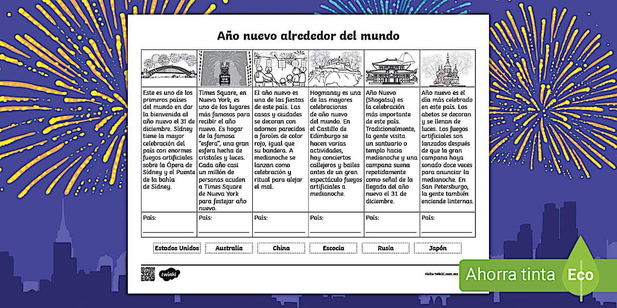 Hoja de actividad: Año nuevo alrededor del mundo - Twinkl